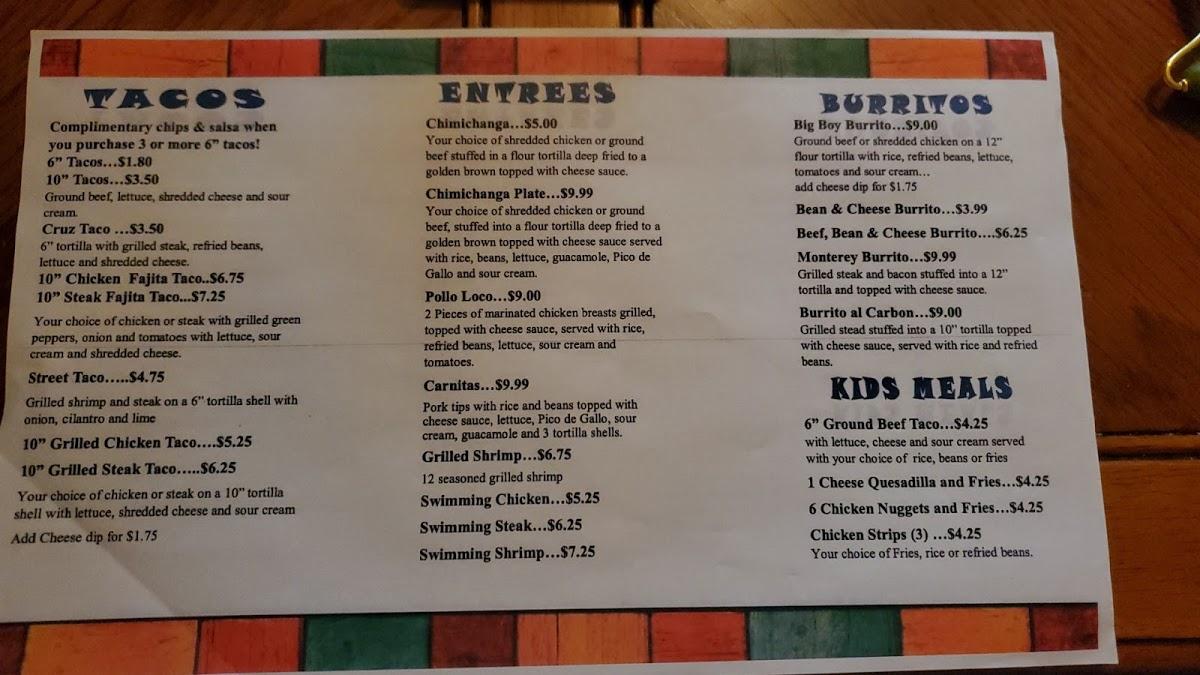 Menu at Bella's Mexican restaurant, Rosiclare