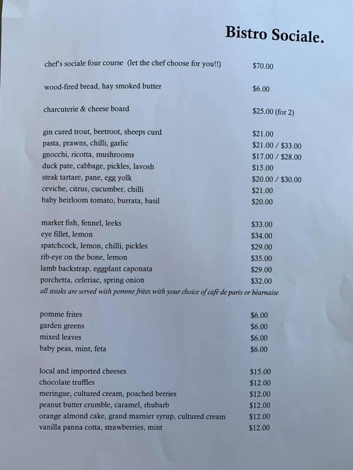 Menu at Bistro Sociale pub & bar, Bowral