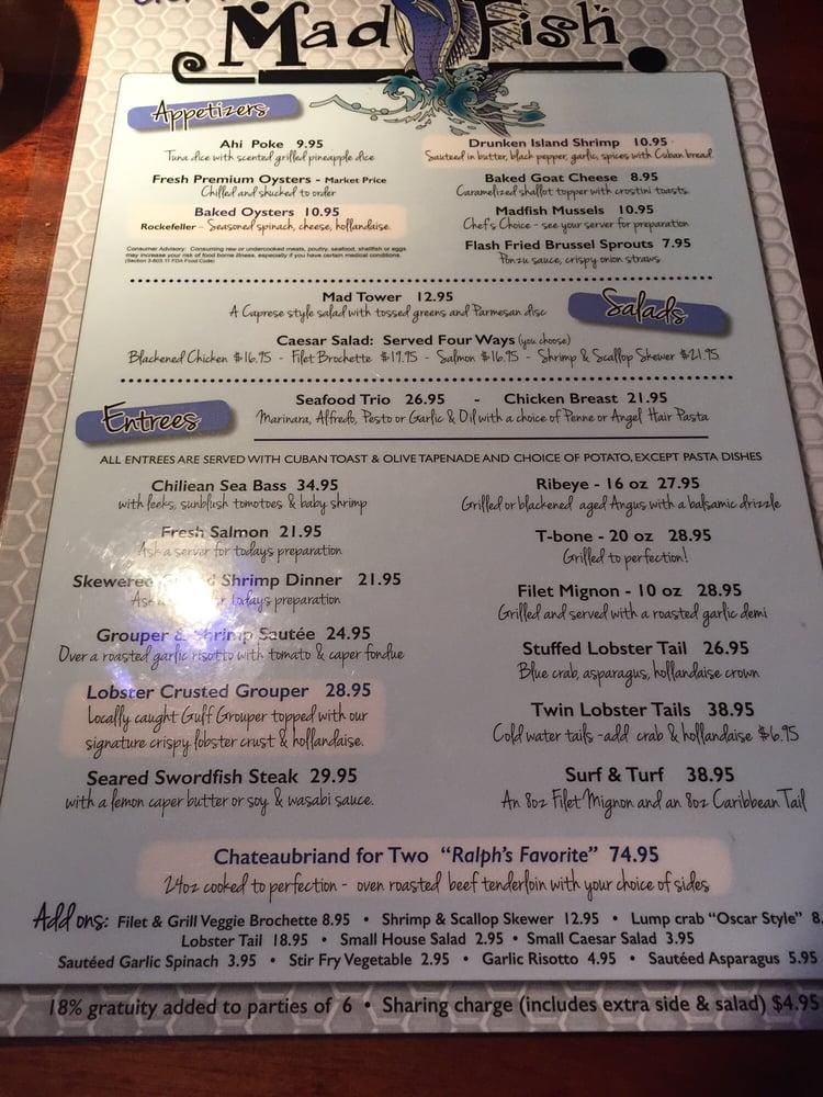 Menu at Mad Fish steakhouse, Saint Pete Beach
