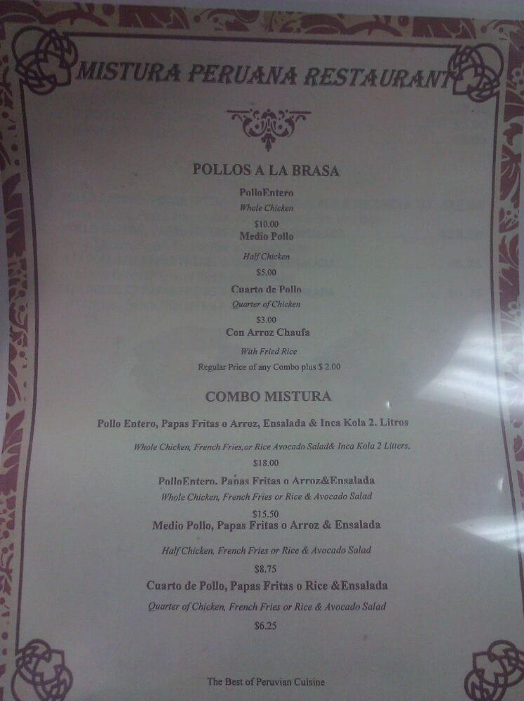 Carta del restaurante Mistura Peruana, Nueva York, Jamaica Ave
