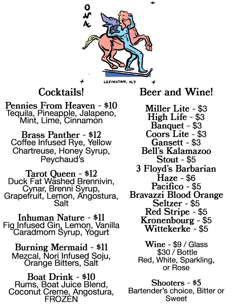 Menu at Ona pub & bar, Lexington