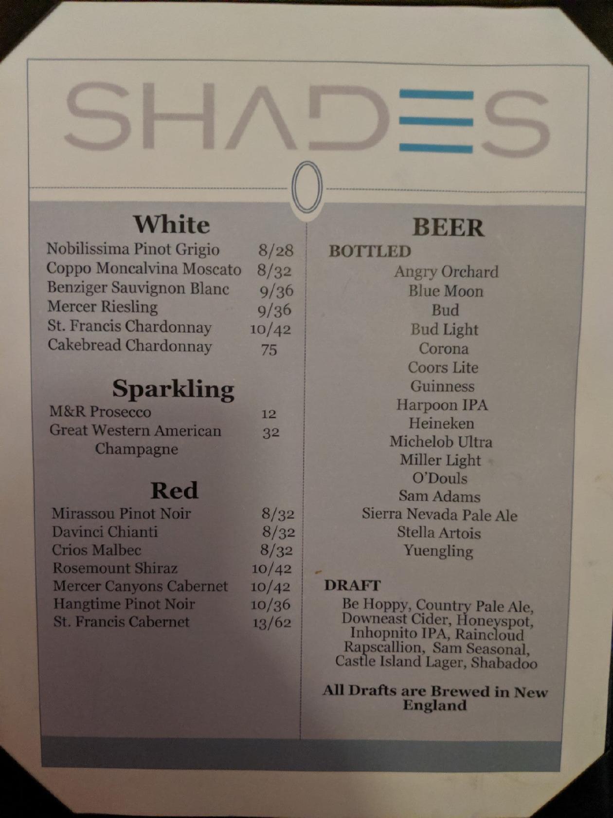 Menu at Shades Lounge pub & bar, Southbridge