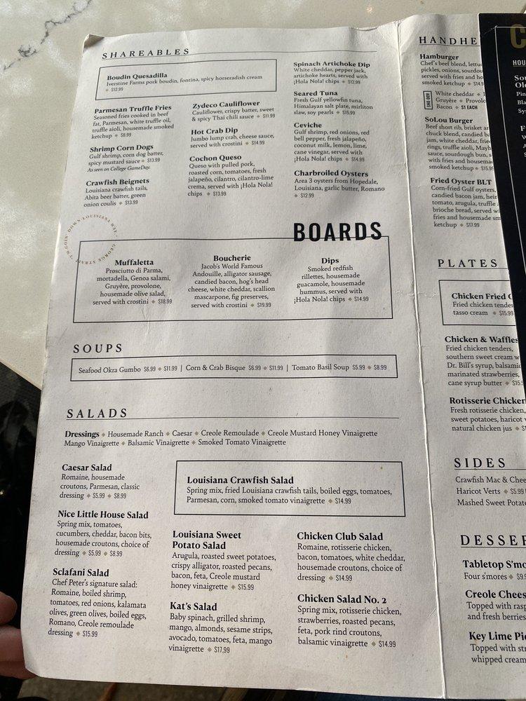 Menu at SoLou restaurant, Baton Rouge