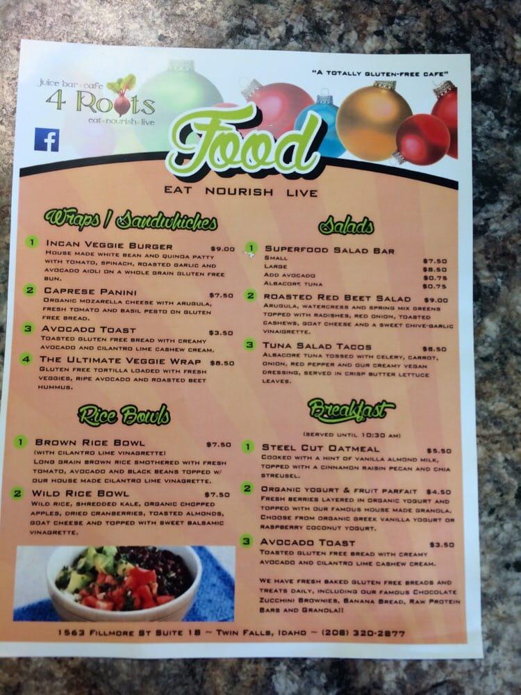 Menu at 4 Roots Juice Bar & Gluten Free Cafe, Twin Falls