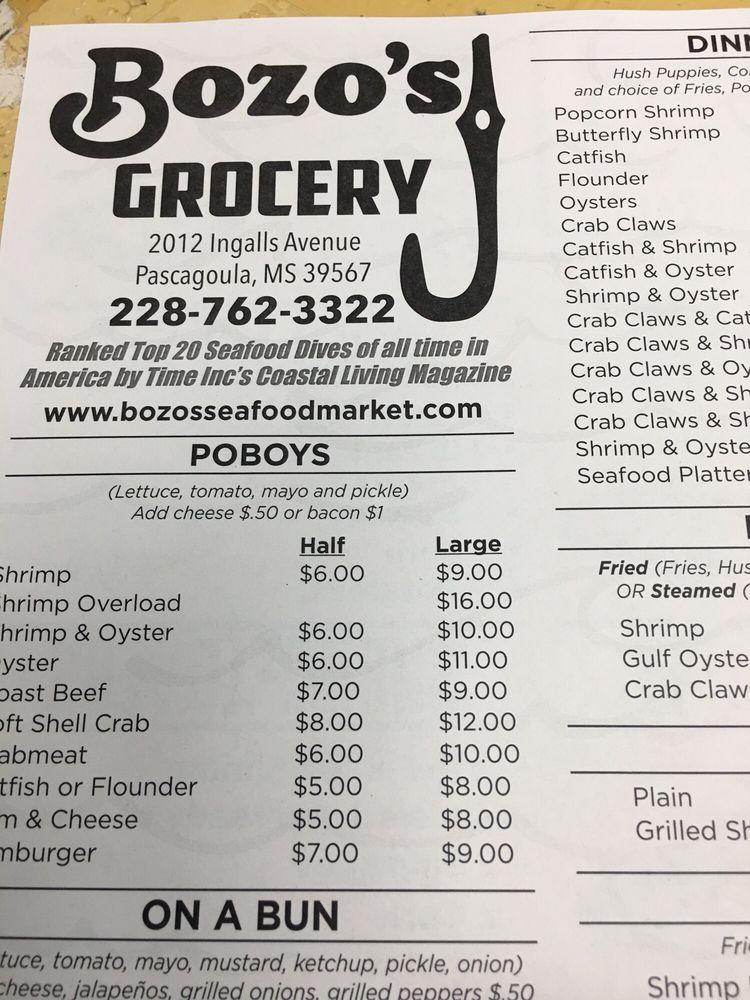 Menu at Bozo's Seafood Market restaurant, Pascagoula