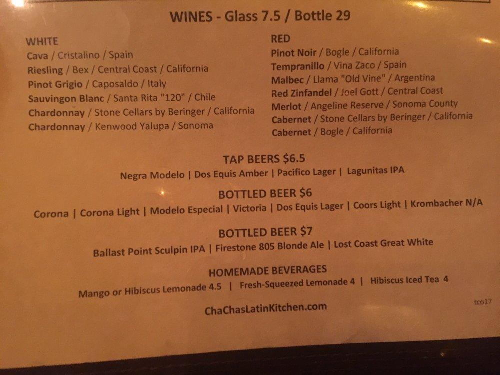 Menu at Cha Cha's Latin Kitchen restaurant, Brea
