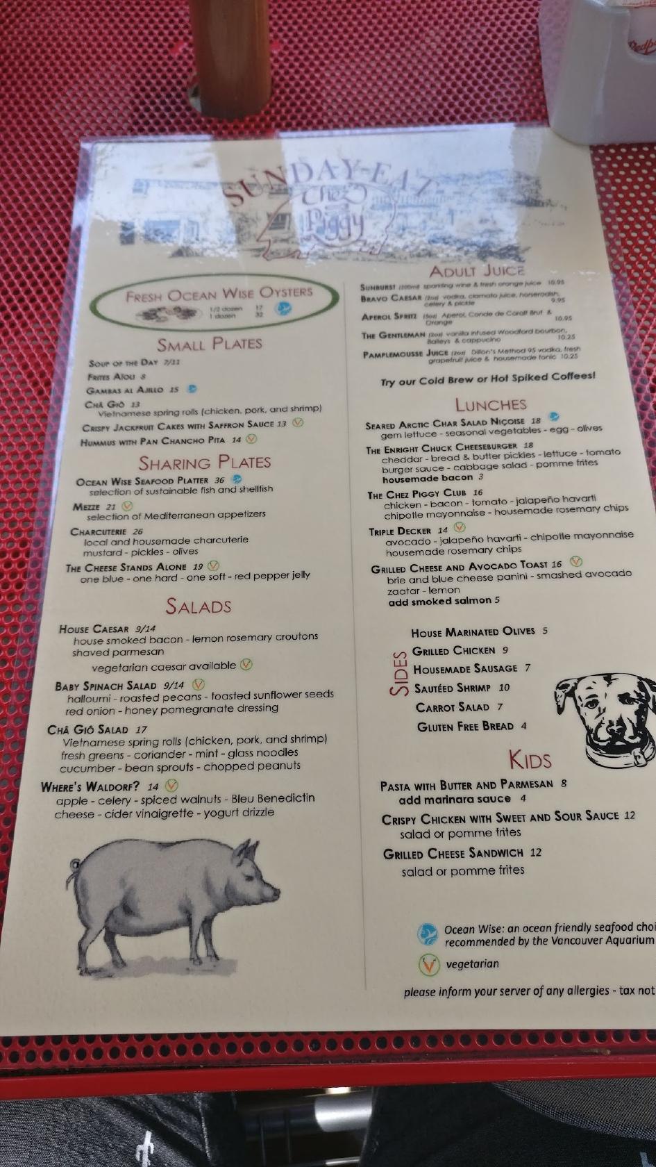 Menu at Chez Piggy Restaurant & Bar, Kingston