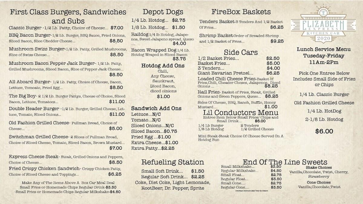 Menu at Elizabeth Express Kitchen Car restaurant, Elizabeth