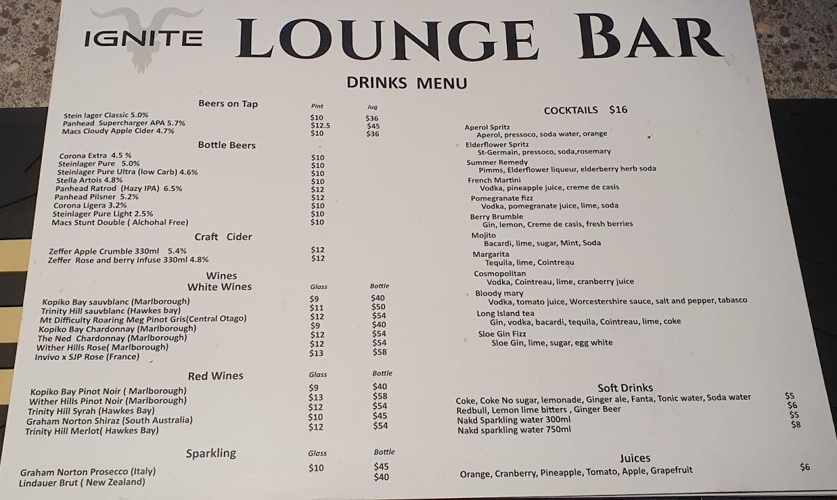 Carta de Ignite Bar & Shisha Lounge, Auckland