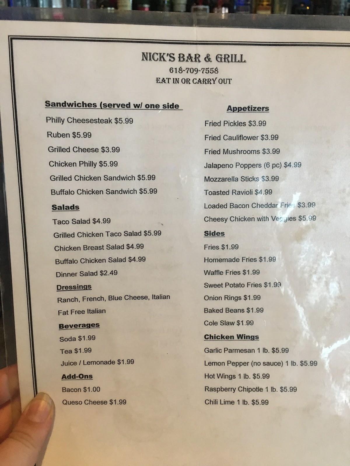 Menu at Nick's Bar & Grill, Granite City