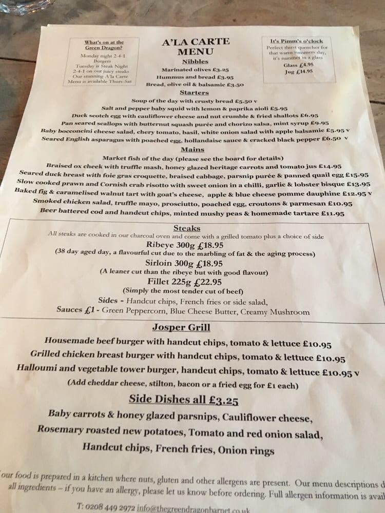 Menu at The Green Dragon pub & bar, London, 2 St Albans Rd