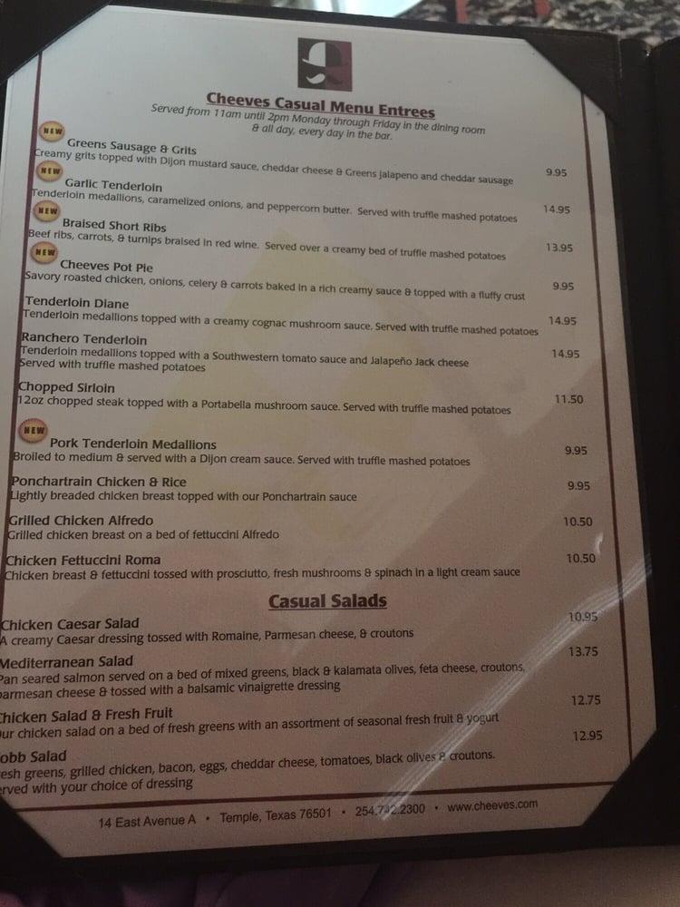 Menu at Cheeves Brothers Steakhouse, Temple