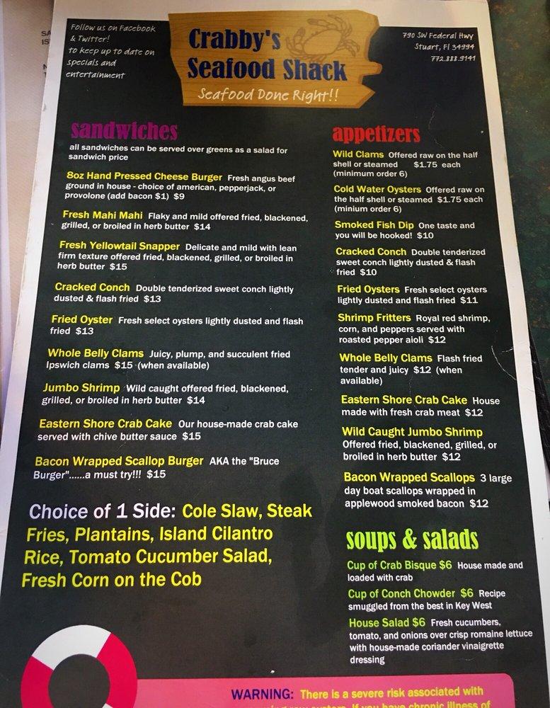 Menu at Crabby's Seafood Shack steakhouse, Stuart