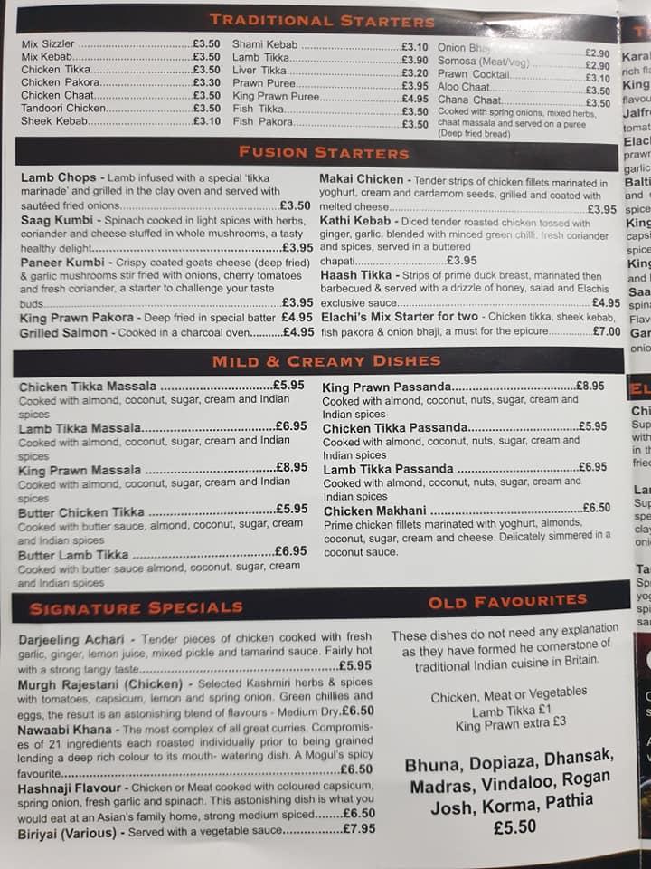 Menu at Elachi restaurant, Barnsley
