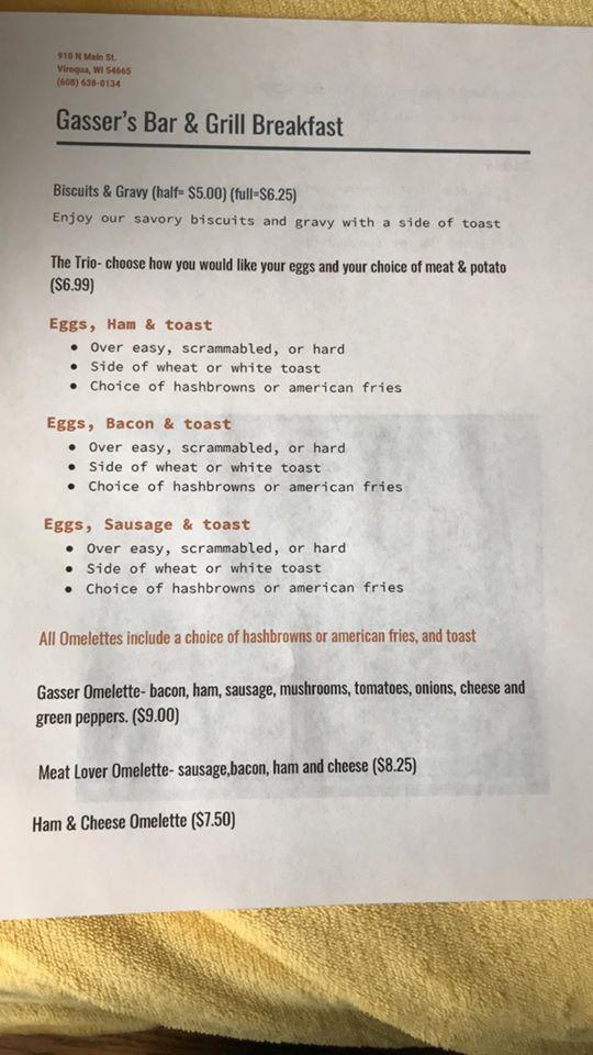 Menu at Gasser’s Bar & Grill, Viroqua
