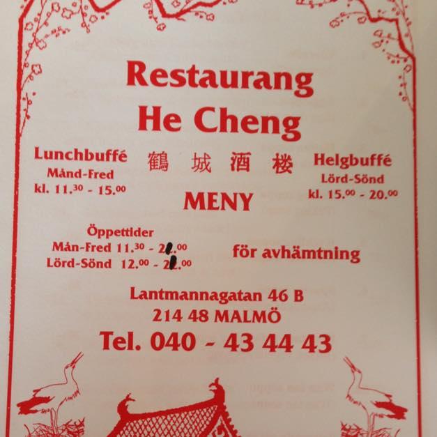 Menu at He Cheng restaurant, Malmö