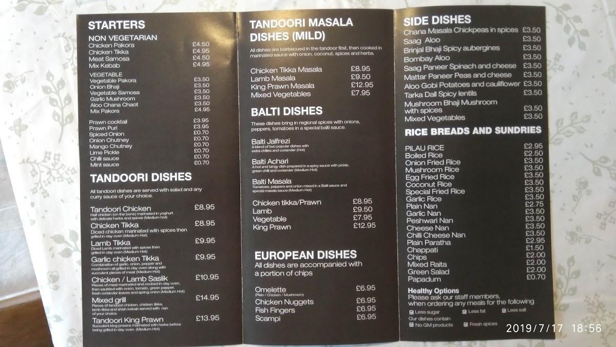 Menu at Taj Tandoori Jedburgh restaurant, Jedburgh