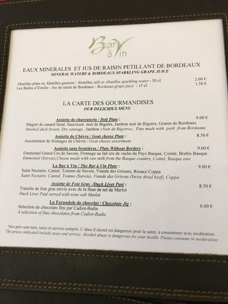 Menu at Le Bar à Vin, Bordeaux
