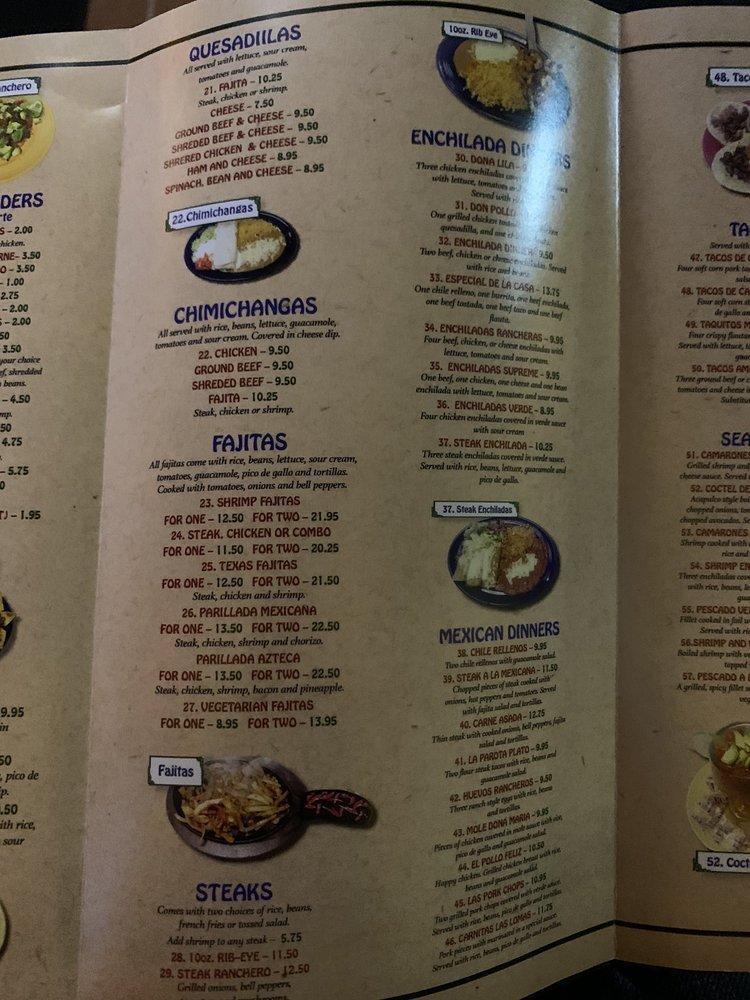 Menu at Mariachi's Mexican Grill restaurant, Gulf Breeze