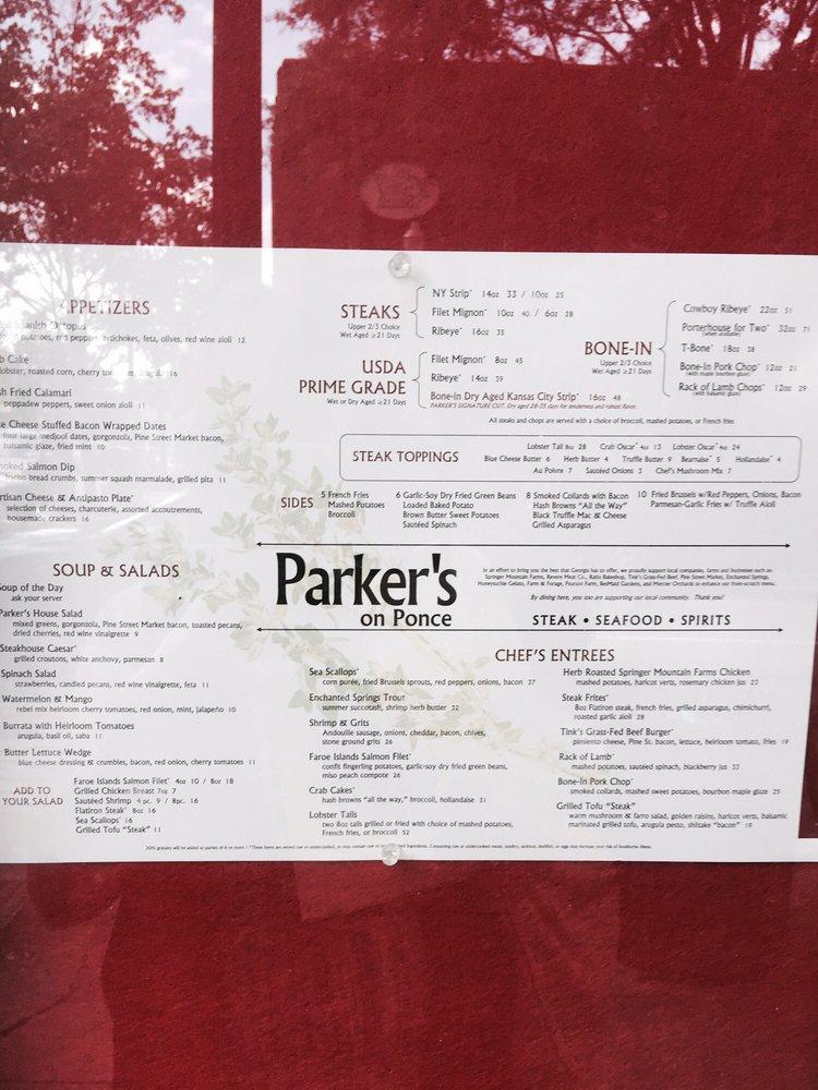 Menu at Parker's on Ponce pub & bar, Decatur