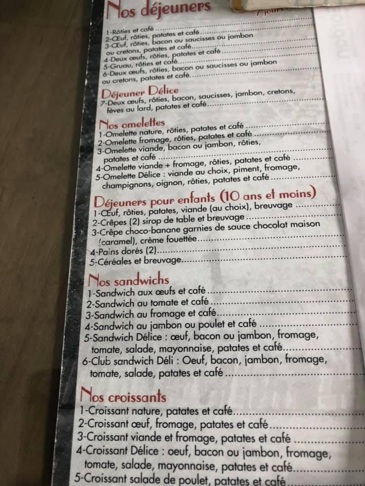 Menu au Restaurant Le Délice, Saguenay