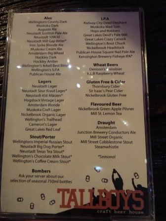 Menu at Tallboys pub & bar, Toronto