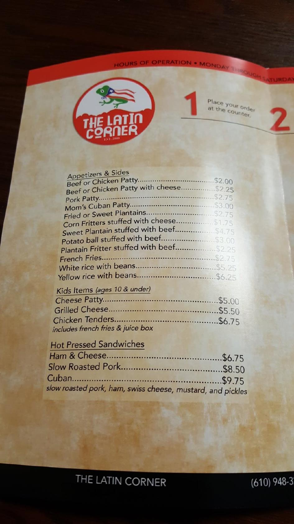 Menu at The Latin Corner restaurant, Spring City