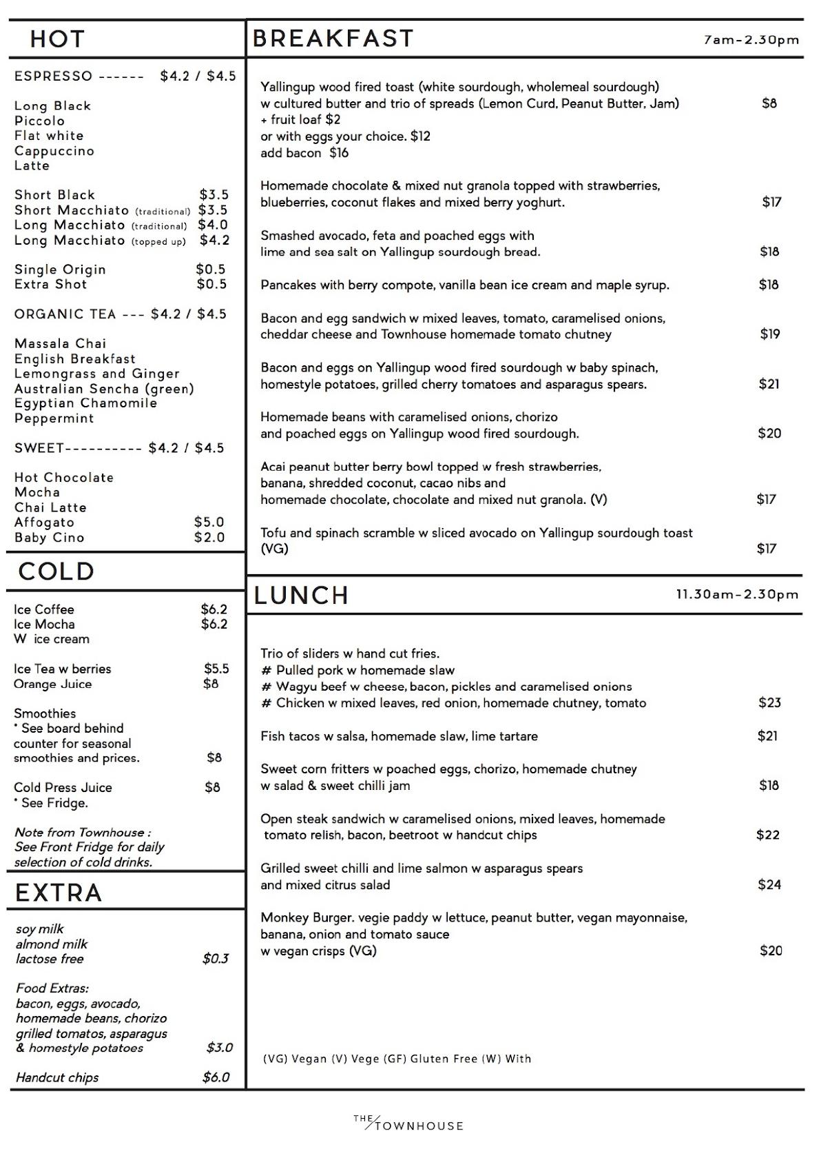 Menu at The Townhouse cafe, Bunbury