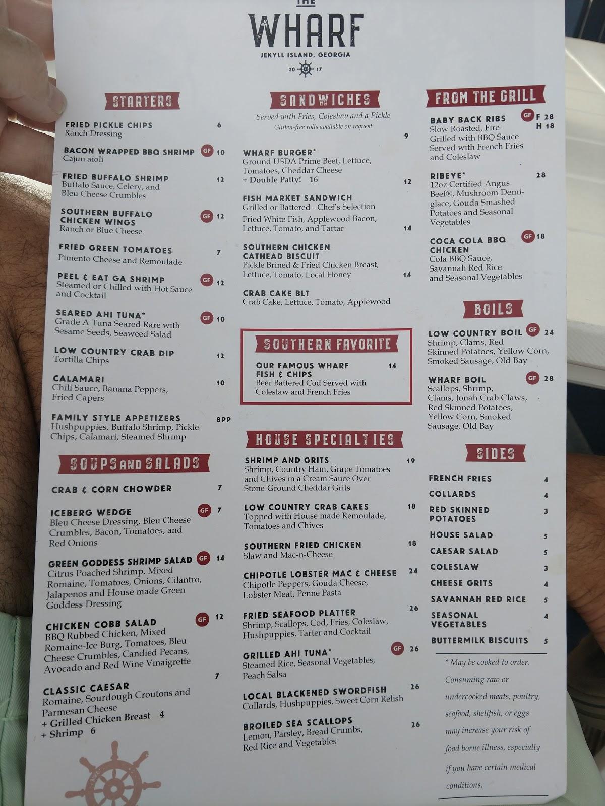 Menu at The Wharf restaurant, Jekyll Island