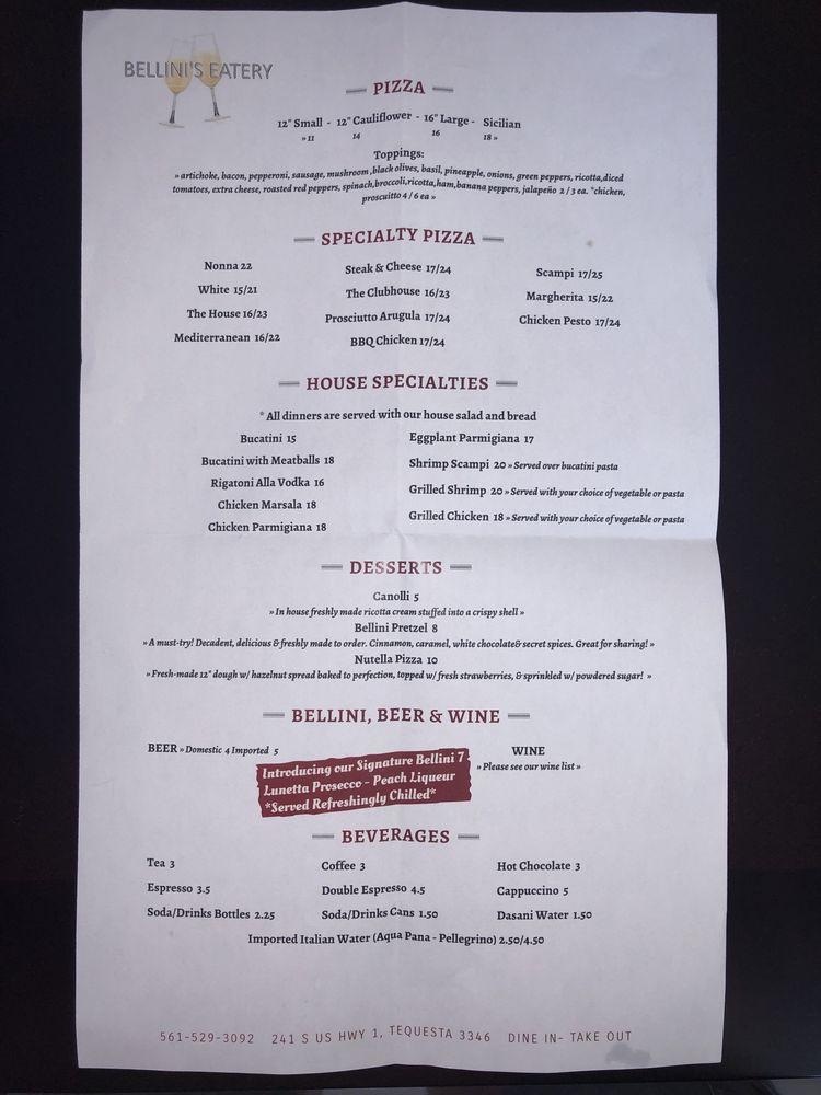 Menu at Bellini's Eatery pub & bar, Tequesta