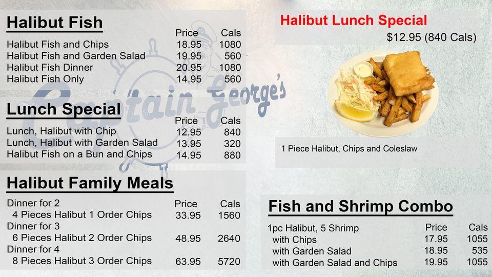 Menu at Captain George's Fish & Chips restaurant, Brighton