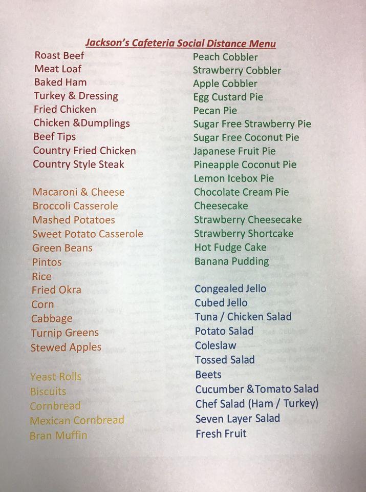 Menu at Jackson's Cafeteria, Gastonia, E Franklin Blvd