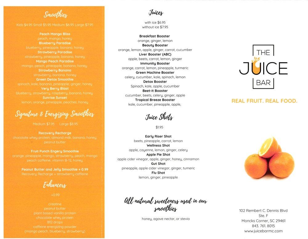 Menu at The Juice Bar MC, Moncks Corner