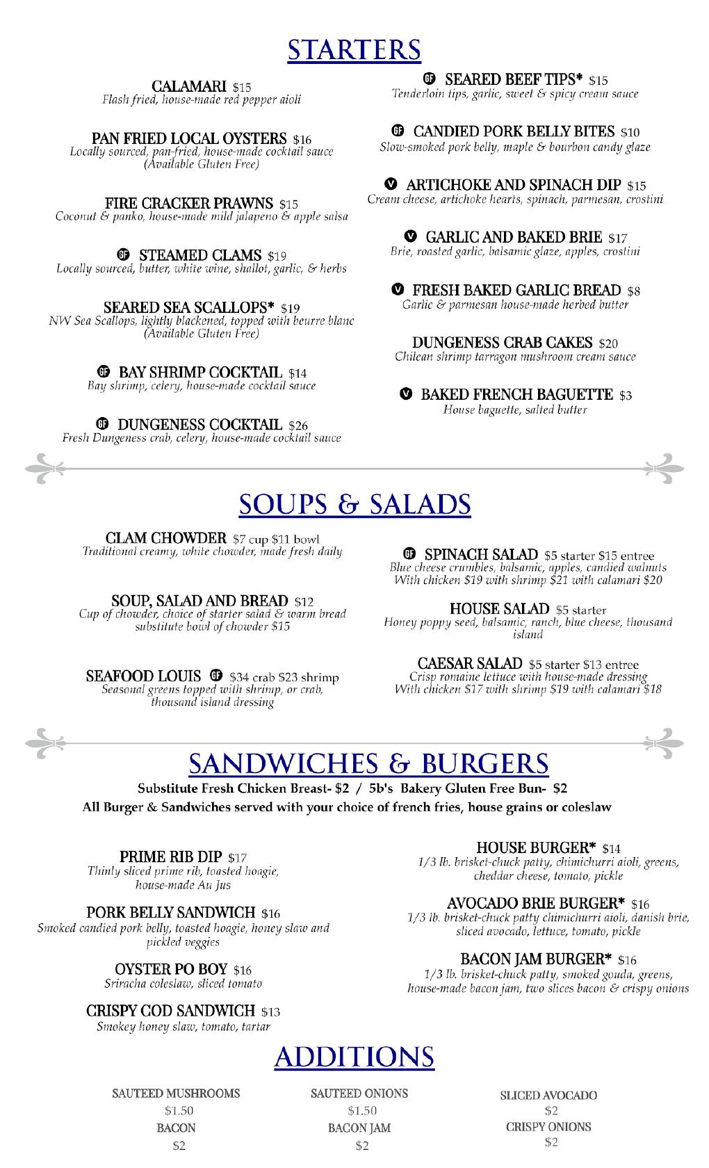 Carta de parrilla La Conner Seafood & Prime Rib House, La Conner