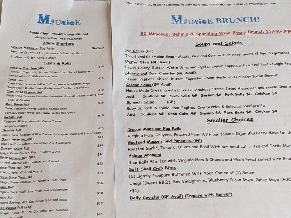 Menu at Maurice restaurant, Onancock