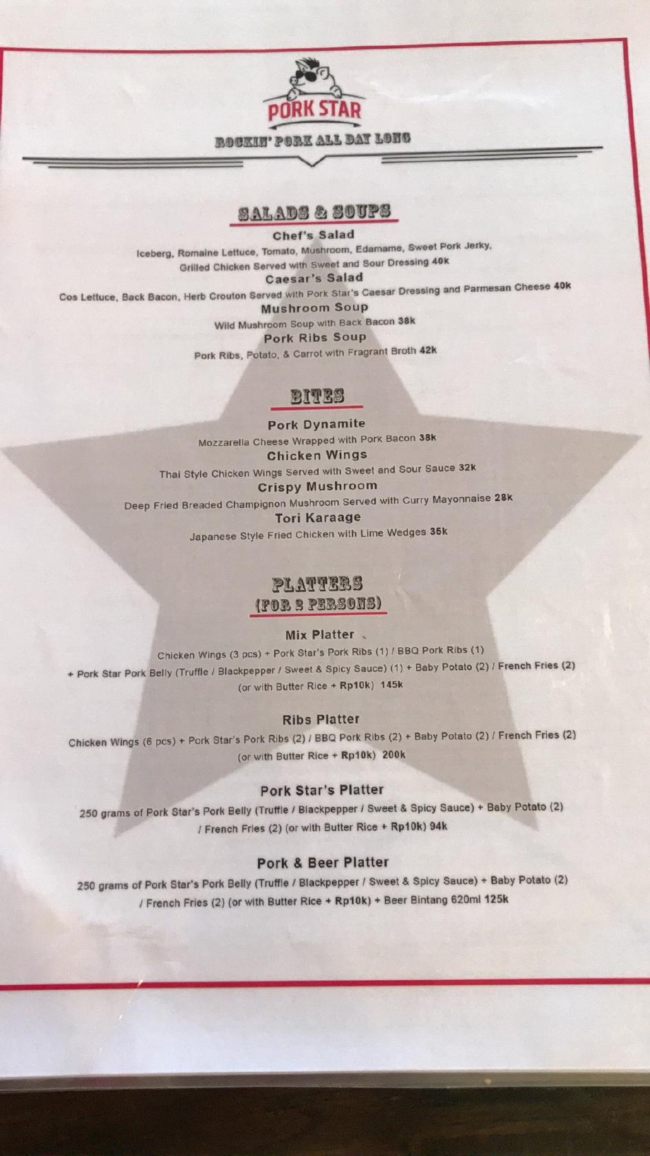 Menu at Pork Star Restaurant, Kuta