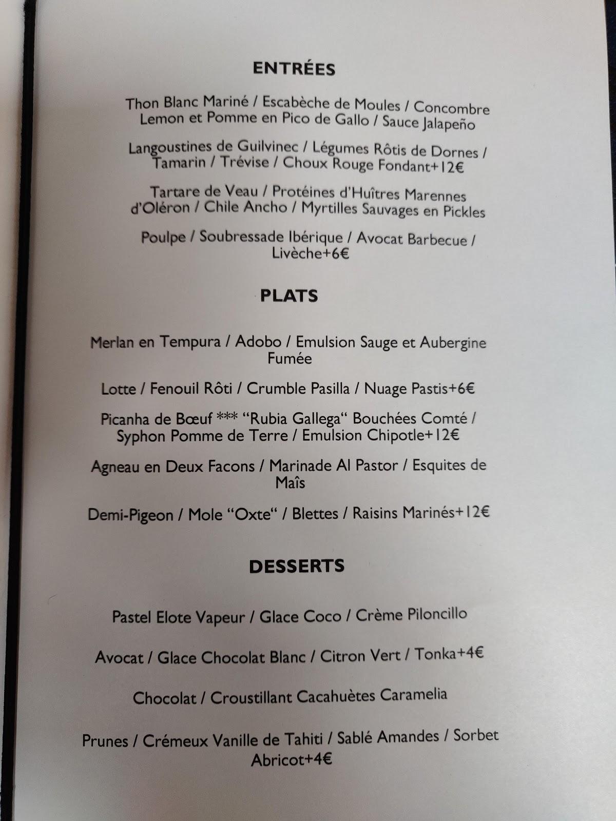 Menu at Restaurant Oxte, Paris