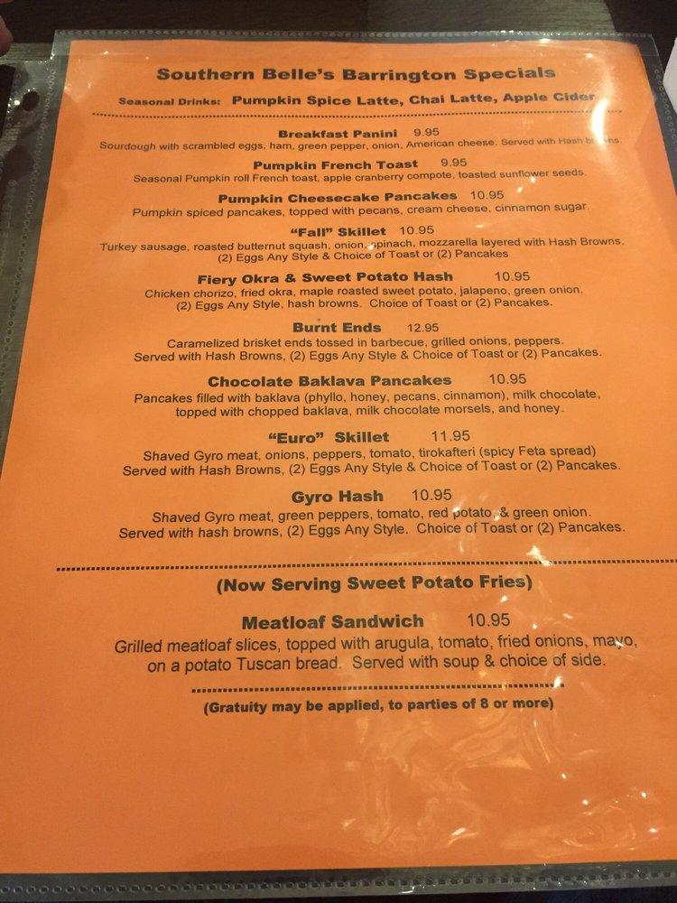 Menu at Southern Belle's restaurant, Barrington