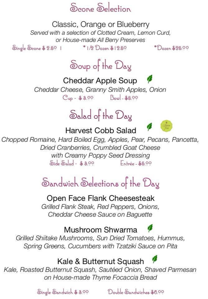 Menu at Steeped Tea Cafe, Manchester