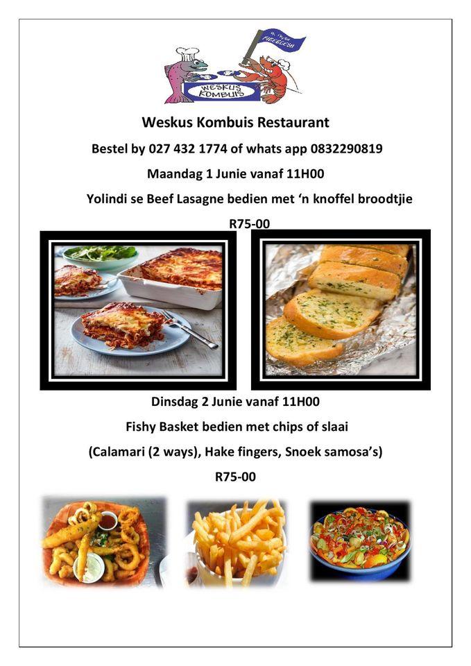 Menu at Weskus Kombuis restaurant, Lambert's Bay