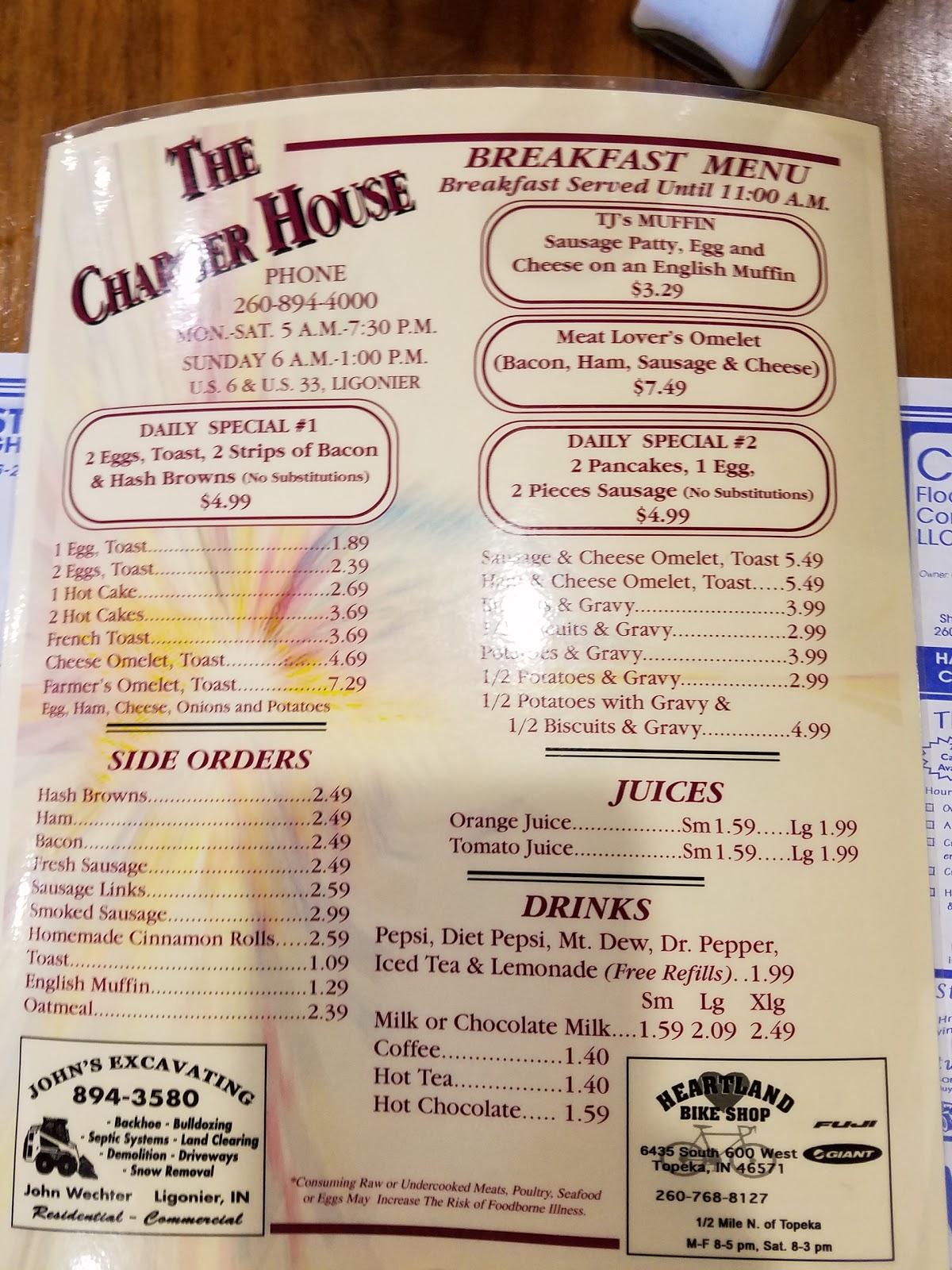 Menu at Charger House Restaurant, Ligonier, 111 US-6E