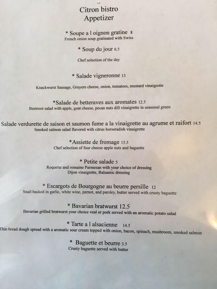 Menu at Citron European Bistro restaurant, Tacoma