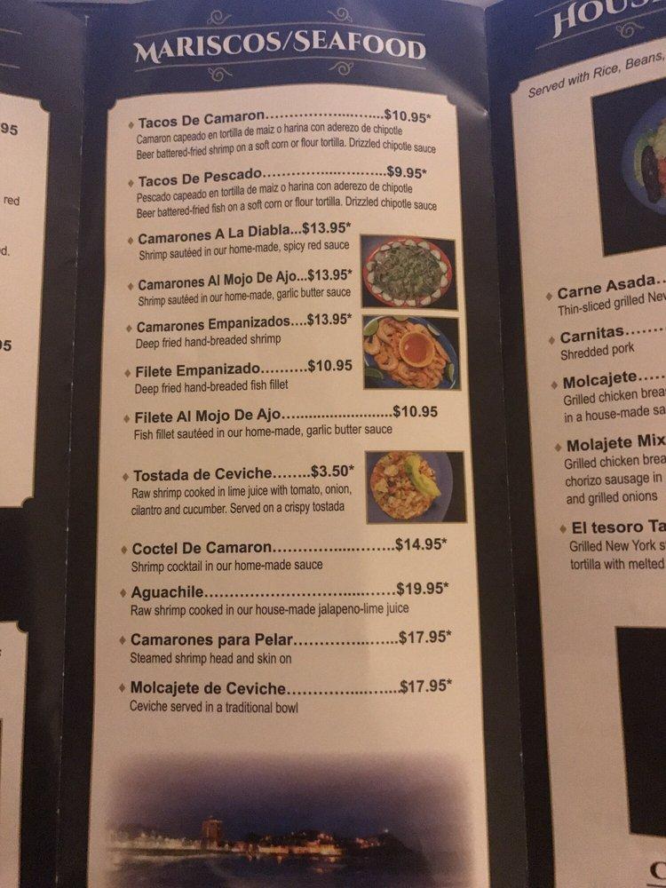 Menu at El Tesoro Mazatlan restaurant, Vallejo