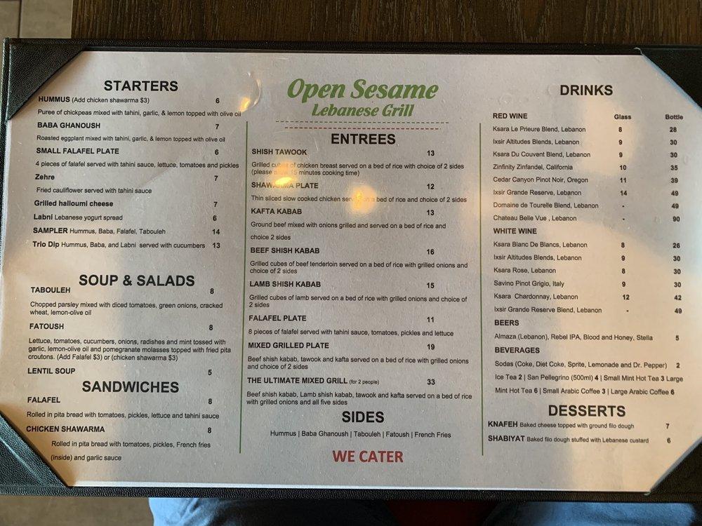 Menu at Open Sesame Lebanese Grill restaurant, Dallas