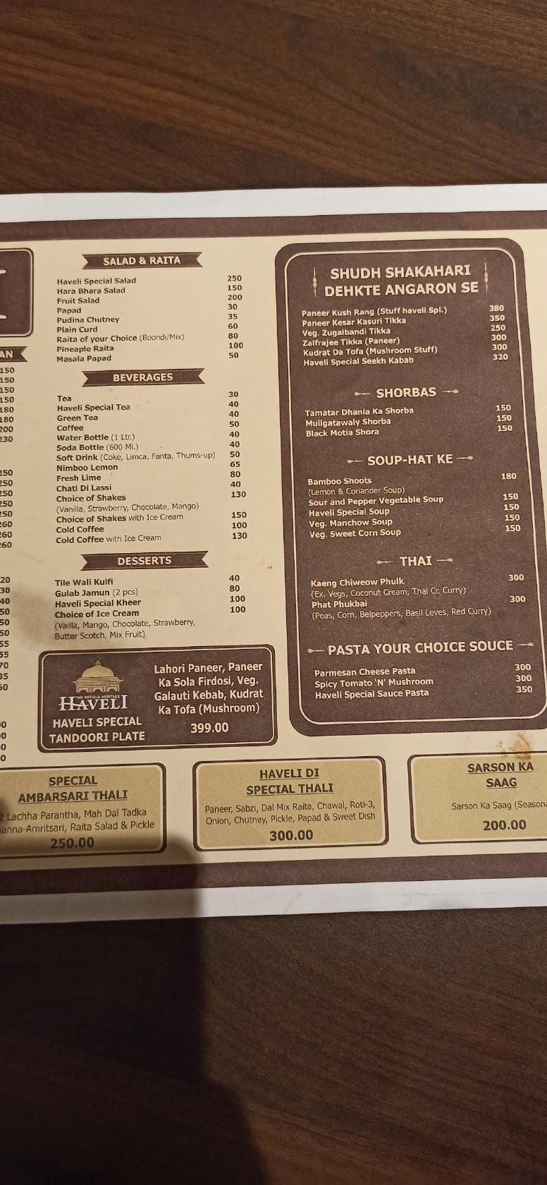 Menu at Patiala Heritage Haveli, India