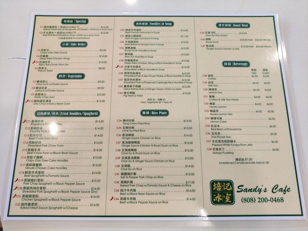 Menu at Sandy's Cafe, Honolulu, 100 N Beretania St