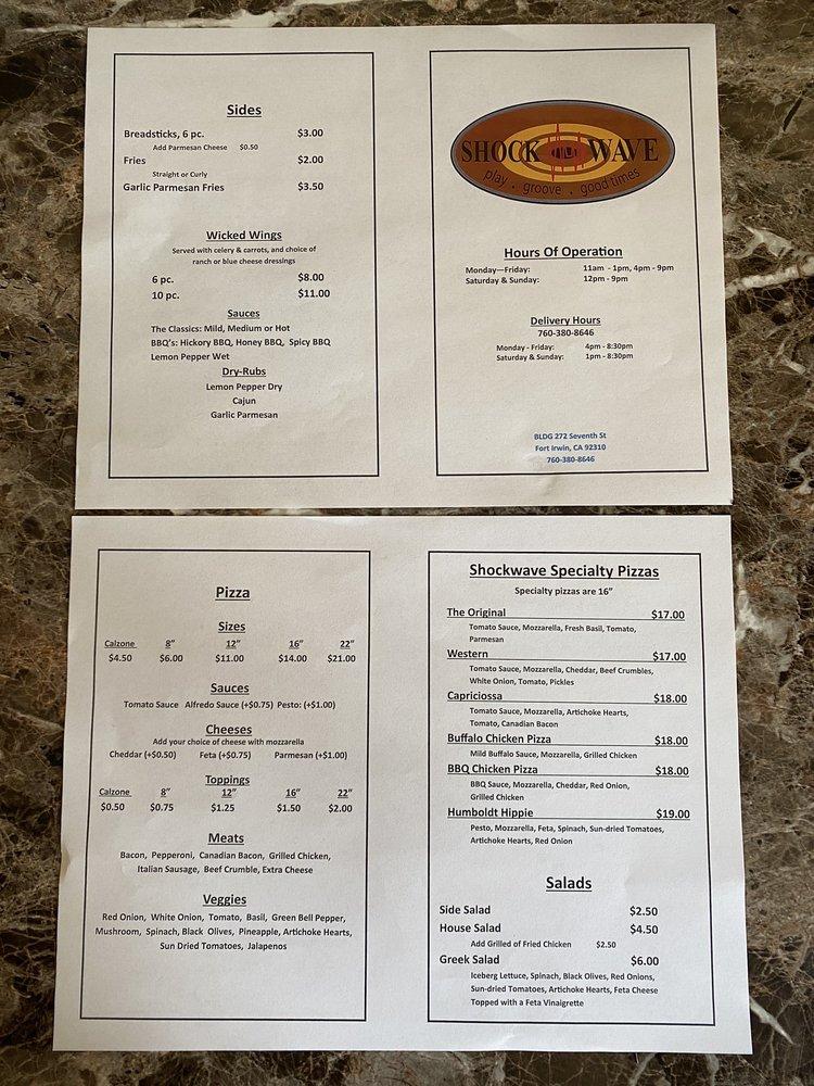 Menu at Shock Wave pub & bar, Fort Irwin