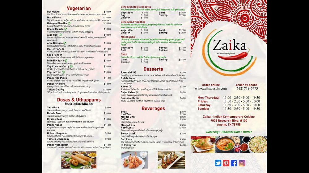 Menu at Zaika Indian Cuisine restaurant, Austin