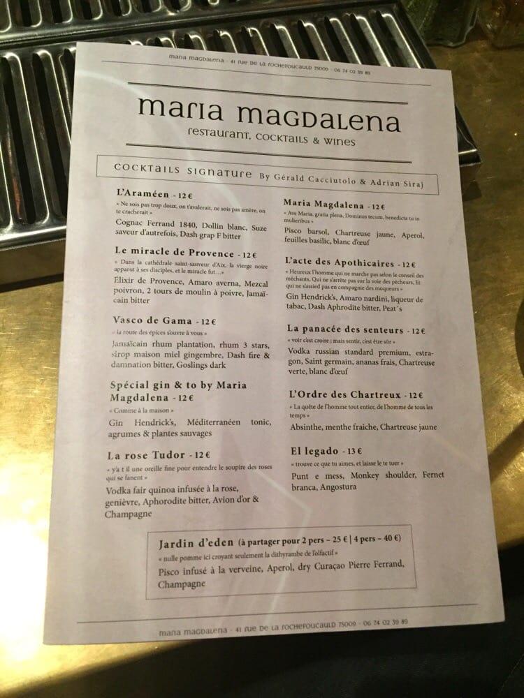 Menu at Maria Magdalena pub & bar, Paris