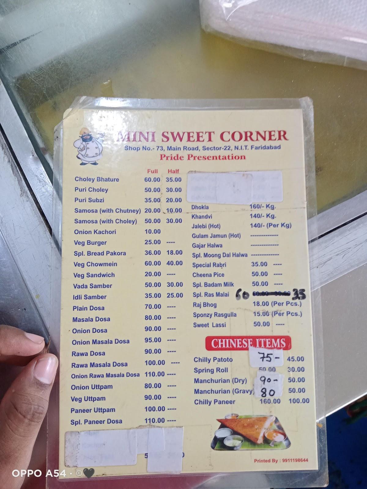 Menu at Mini Sweet Corner, Faridabad, 978X+8HX